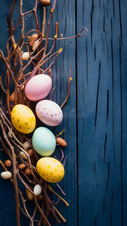 Rustic Easter Scene Eggs, Twigs on Wooden Backdrop, Ample Text Space ...