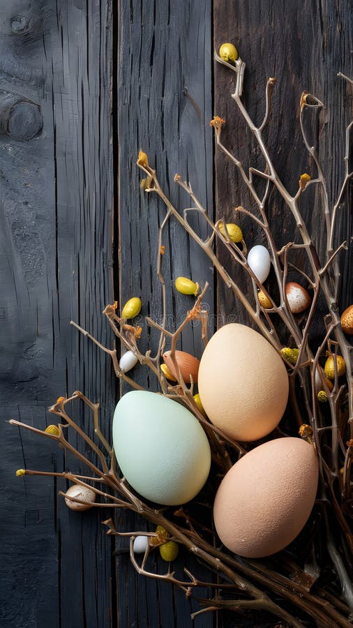 Rustic Easter Scene Eggs, Twigs on Wooden Backdrop, Ample Text Space ...
