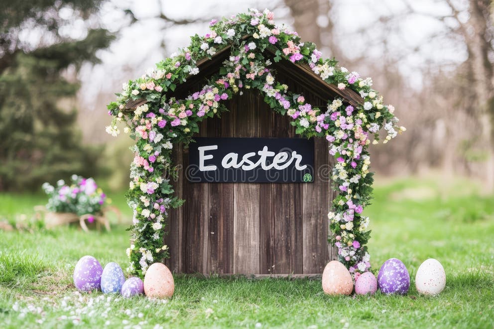 Rustic Easter Sign with Pastel Eggs and Floral Arch Outdoors in Forest ...