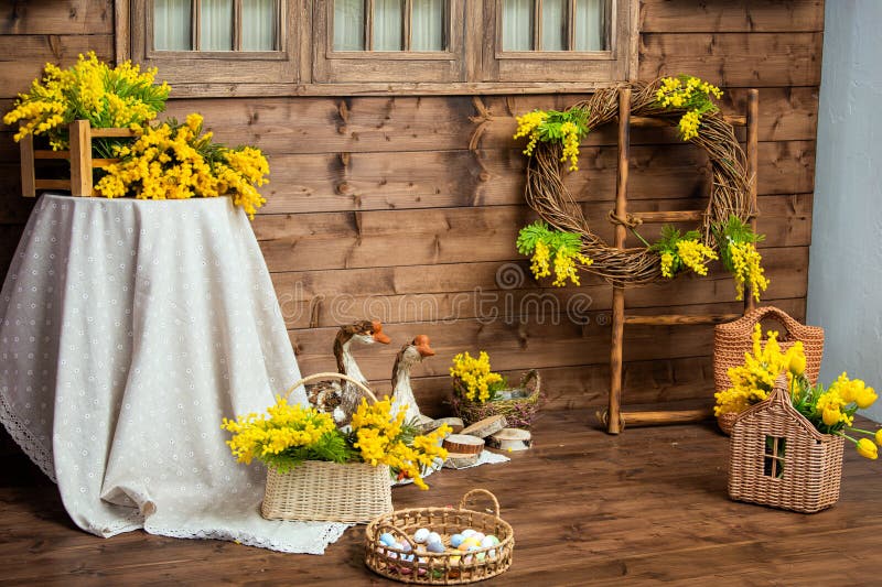 Rustic Easter and Spring Decor with Wicker Baskets, Yellow Flowers, and ...