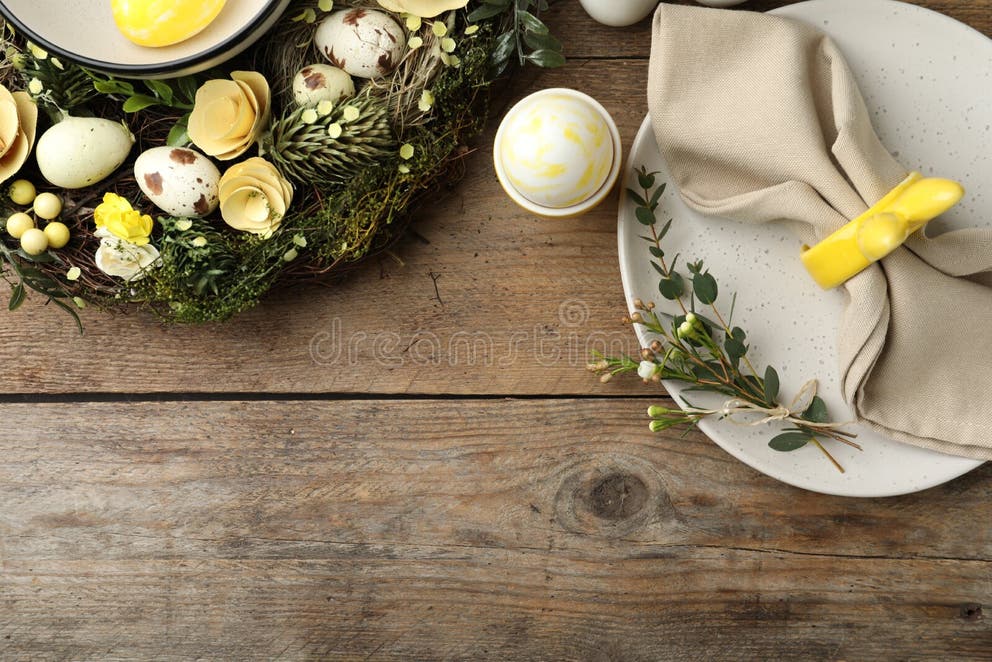 Rustic Easter Table Setting with Eggs and Floral Decor, Flat Lay. Space ...