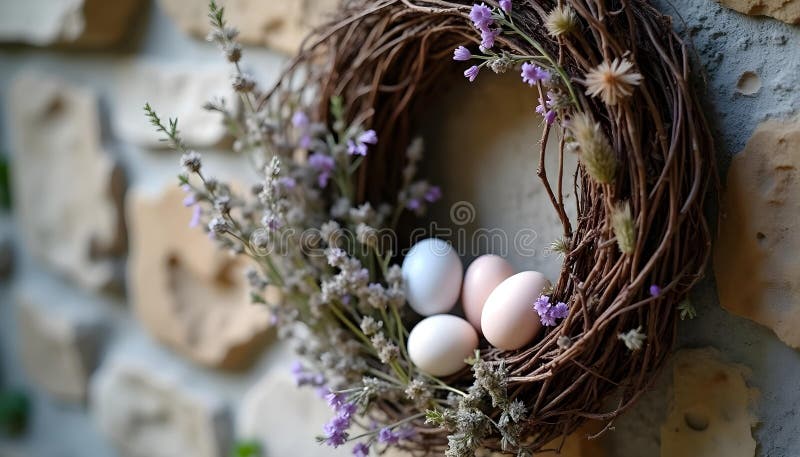 Rustic Easter Wreath with Lavender and Eggs on Stone Wall Stock Photo ...