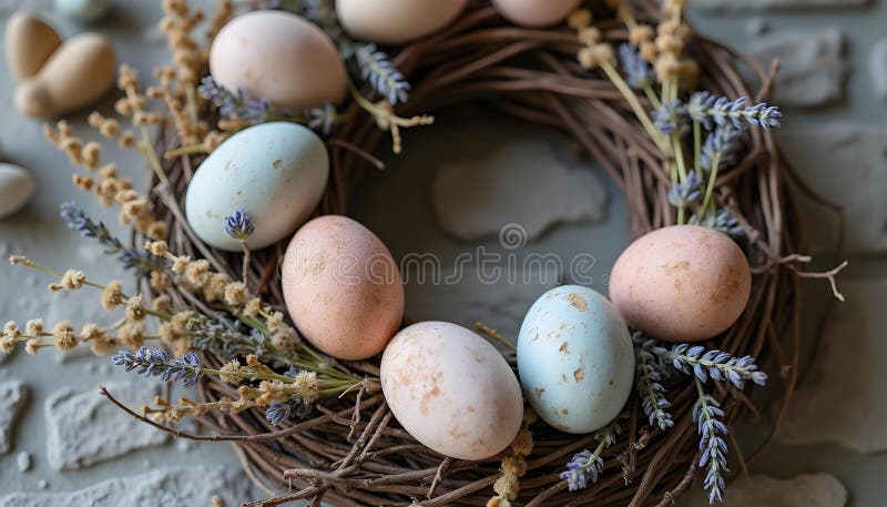 Rustic Easter Wreath with Lavender and Eggs on Stone Wall Stock Image ...