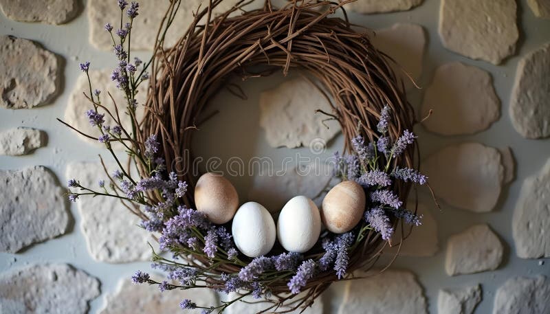 Rustic Easter Wreath with Lavender and Eggs on Stone Wall Stock Image ...
