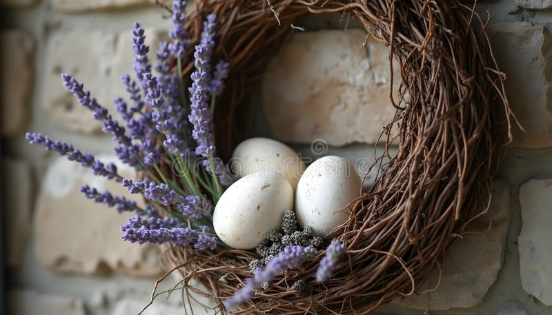 Rustic Easter Wreath with Lavender and Eggs on Stone Wall Stock Image ...
