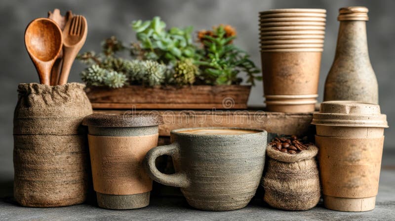 Rustic Eco-friendly Coffee Setup with Biodegradable Cups, Wooden ...