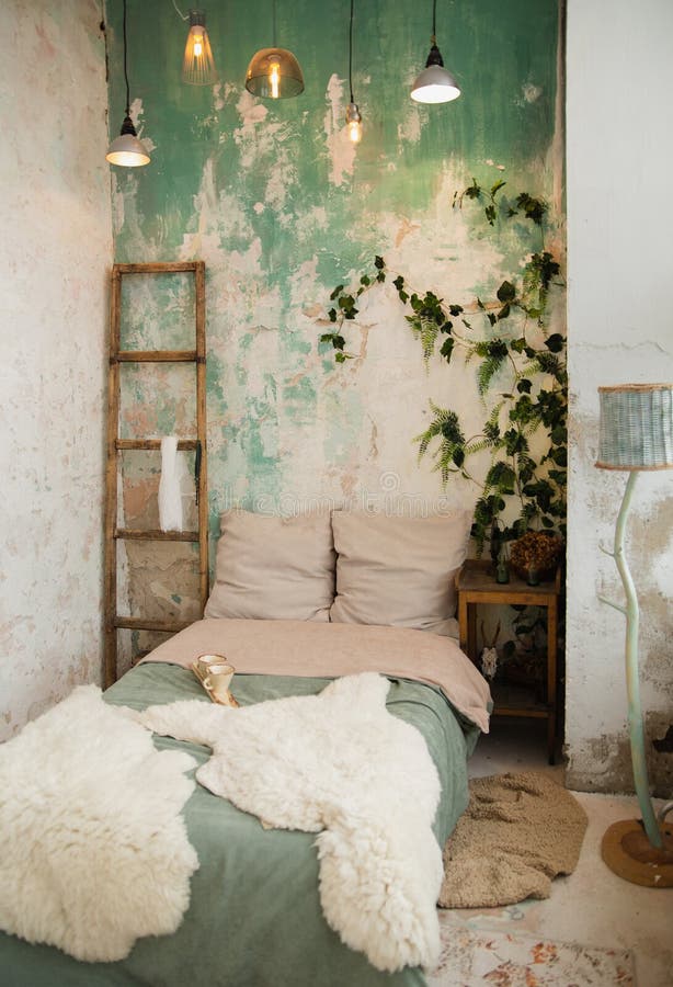 Eco-style Rustic Bedroom with Plant Stock Image - Image of beautiful ...