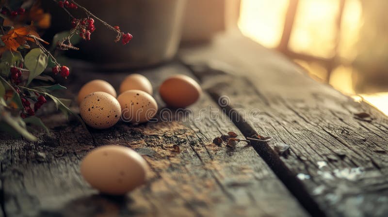 Rustic Eggs on Wooden Table with Natural Light Stock Photo - Image of ...