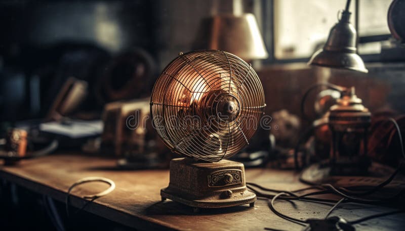 Rustic Electric Fan on Old Wooden Table Cools Domestic Kitchen ...