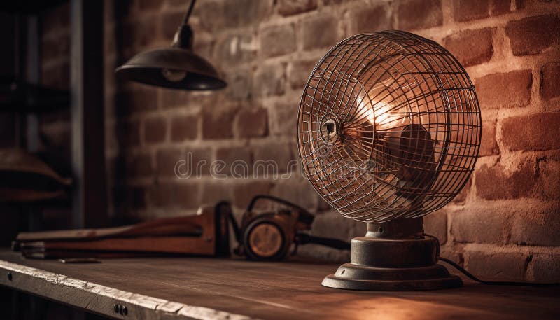 Rustic Electric Fan Propeller Turning on Old Wooden Table Indoors ...