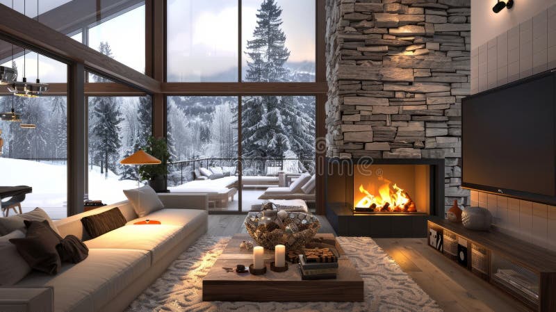 Rustic Electric Fireplace in Modern Decor Stock Illustration ...