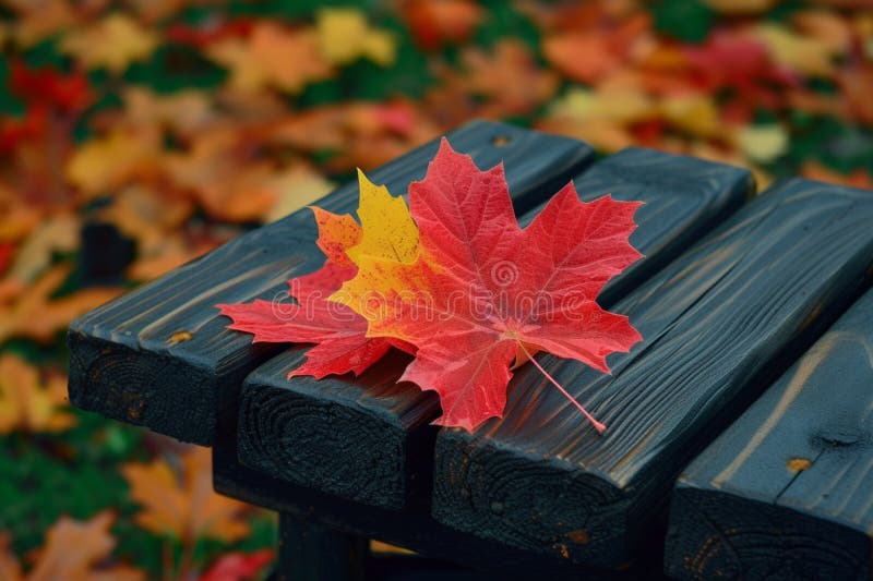 Rustic Elegance Captured As a Maple Leaf Graces a Wooden Bench Stock ...