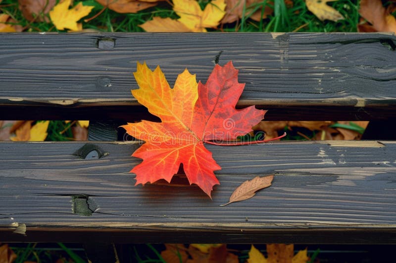 Rustic Elegance Captured As a Maple Leaf Graces a Wooden Bench Stock ...