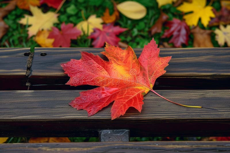 Rustic Elegance Captured As a Maple Leaf Graces a Wooden Bench Stock ...