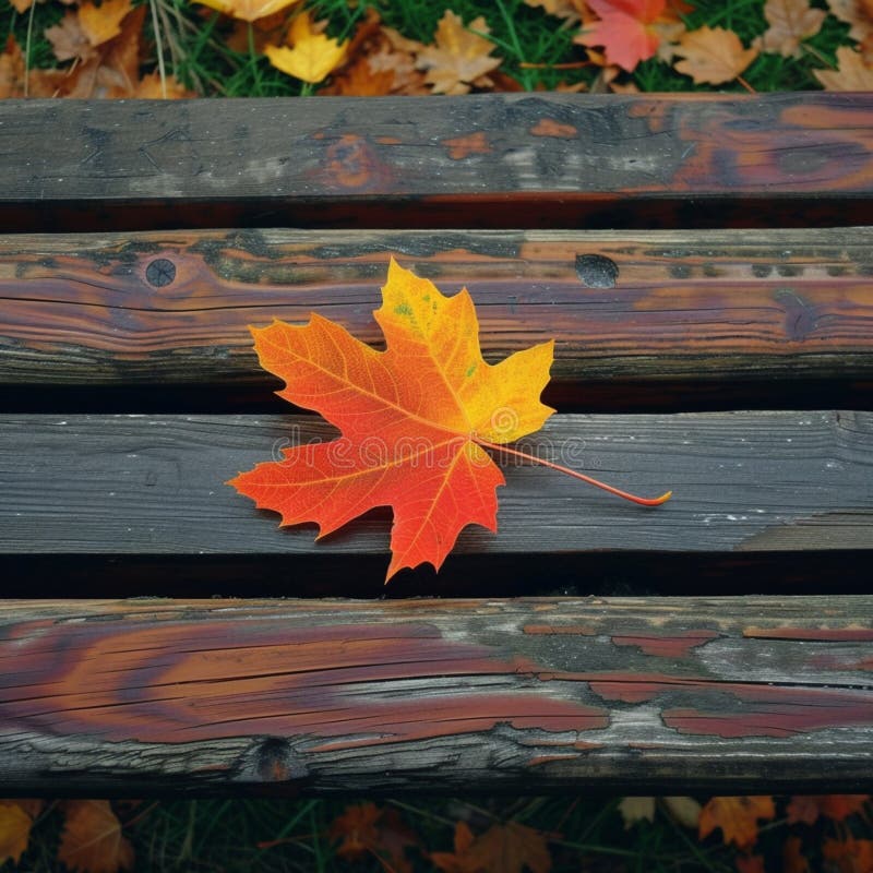 Rustic Elegance Captured As a Maple Leaf Graces a Wooden Bench Stock ...