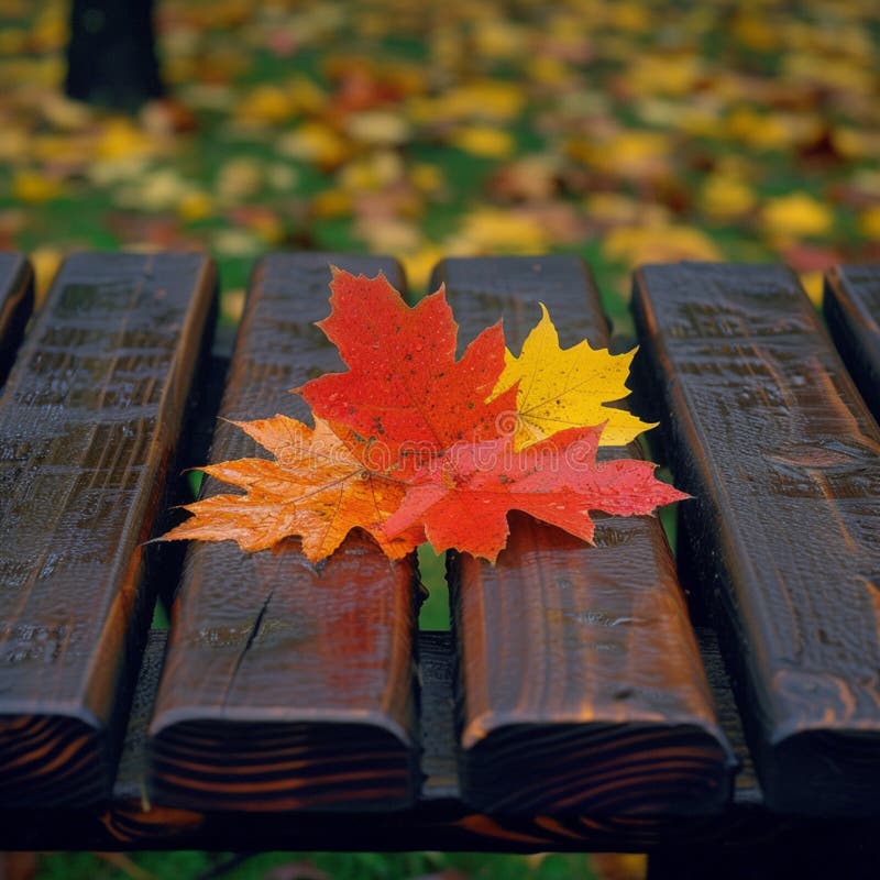 Rustic Elegance Captured As a Maple Leaf Graces a Wooden Bench Stock ...