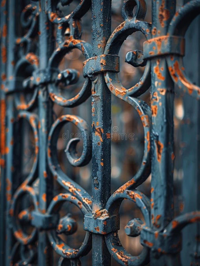 Rustic Elegance: Close-up of Ornate Metal Gate with Weathered Texture ...