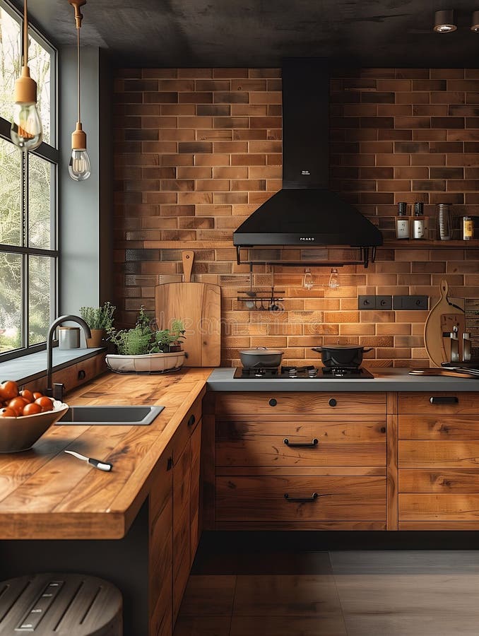 Rustic Elegance: a Stunning Kitchen Design with Wooden Counters Stock ...