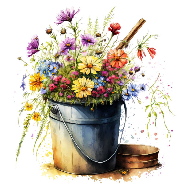 Rustic Elegance: Watercolor Illustration of Field Flowers in a Rusty ...