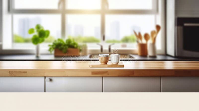 Rustic Elegance, Wooden Tabletop Amidst a Blurred Kitchen and Window ...