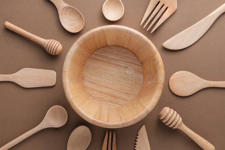 Rustic Empty Wooden Bowl Display Surrounded by Wooden Kitchenware Stock ...