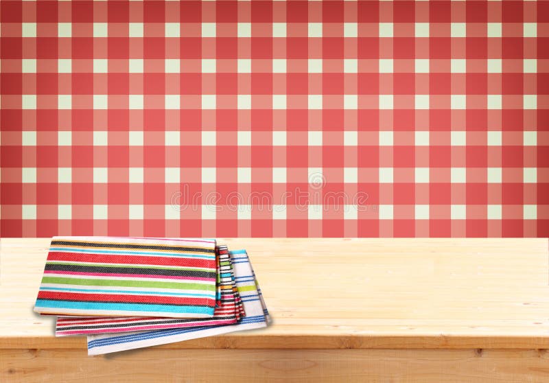 Rustic Empty Wooden Table with Tablecloth and Retro Background. Ready ...