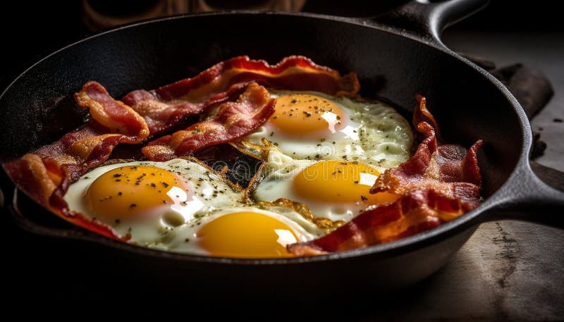 Rustic English Breakfast on Cast Iron, Focus on Foreground Freshness ...