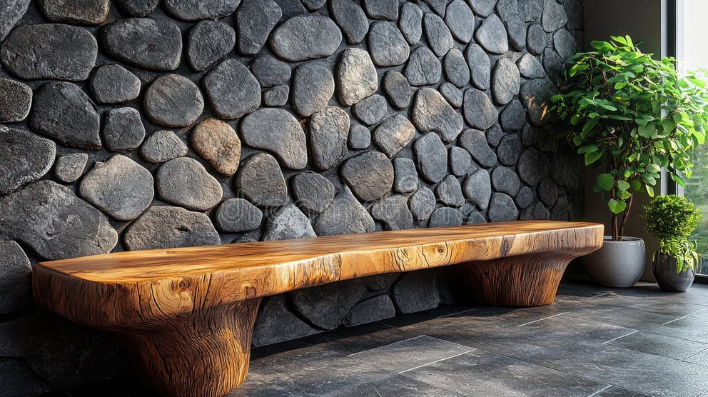 Rustic Entrance Hall with Wild Stone Cladding Wall, Wooden Bench, and ...