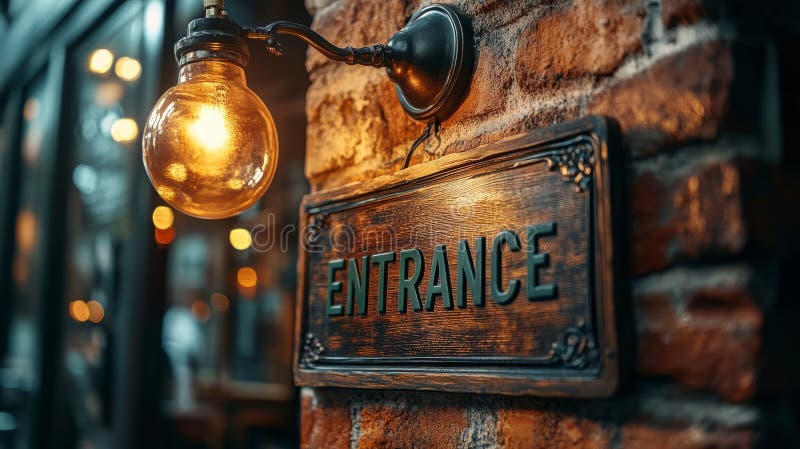 Rustic Entrance Sign with Warm Lighting on Bricks. Stock Image - Image ...