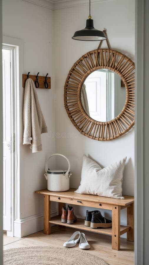 Rustic Entryway with Bamboo Mirror and Wooden Bench in Cozy Interior ...