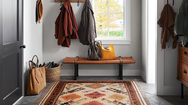 Rustic Entryway with Coat Hooks, Bench, and Rug Stock Image - Image of ...