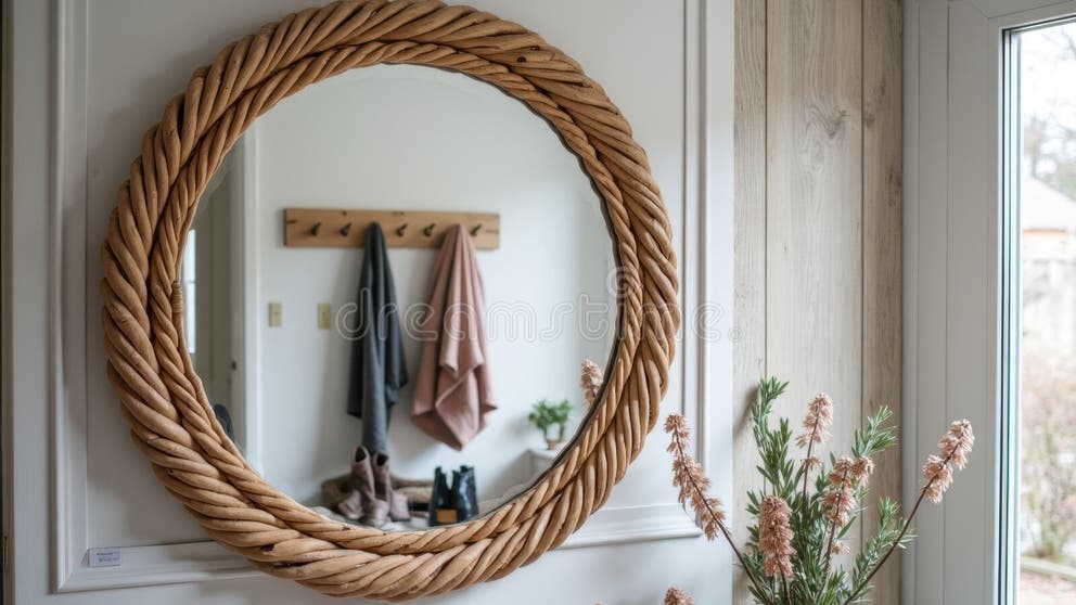Rustic Entryway with Rope-wrapped Mirror and Cozy Decor Elements Stock ...