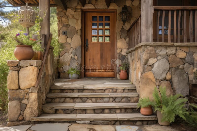 Rustic Entryway with Wood Door and Stone Steps Leading To the House ...