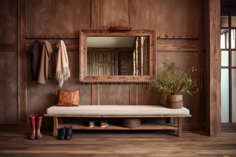 A Rustic Entryway with a Wooden Bench, Coat Hooks, and a Mirror Stock ... A Rustic Entryway with a Wooden Bench, Coat Hooks, and a Mirror Stock ...