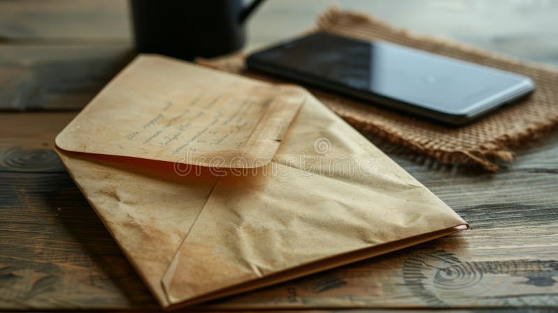 A Rustic Envelope Rests on a Wooden Surface, Accompanied by a Coffee ...