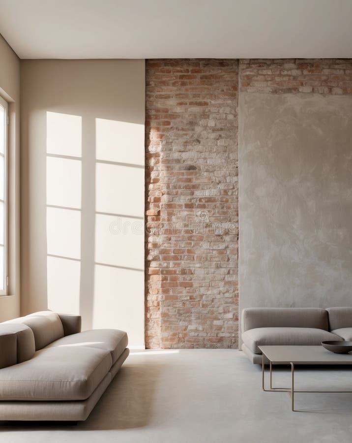 Rustic Exposed Brick and Plaster Wall in Stylish Living Space Stock ...