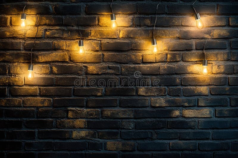 Rustic Exposed Brick Wall with Hanging Warm String Lights in Dark ...