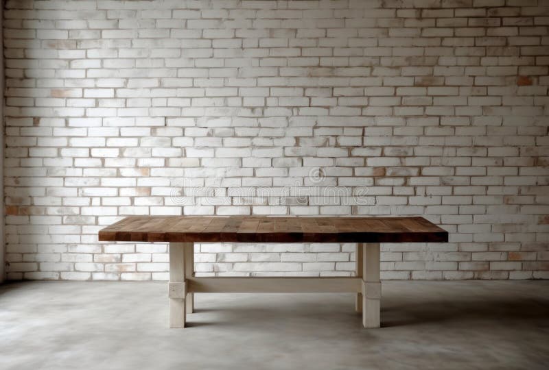 Rustic Exposed Brick Wall with Worn Farmhouse Table Dappled Lighting ...