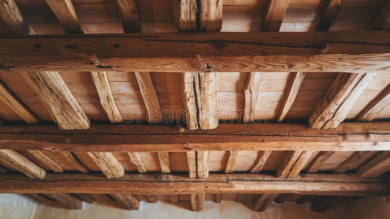 Rustic Exposed Wooden Beam Ceiling with Warm Natural Tones in Cozy ...