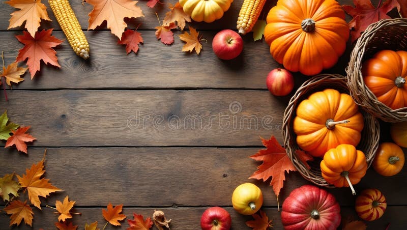 Rustic Fall Harvest Display with Pumpkins Corn and Apples on Wooden ...