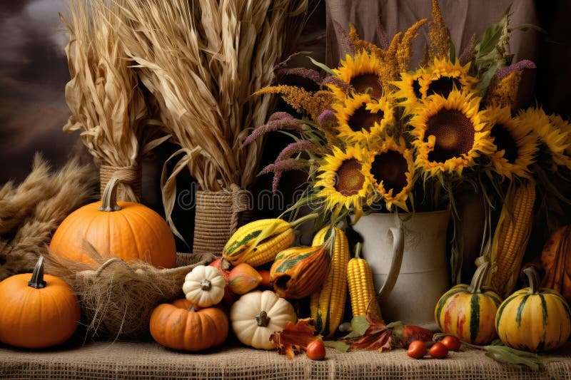 A Rustic Fall Scene with Pumpkins, Wheat and Sunflowers, AI Generated ...