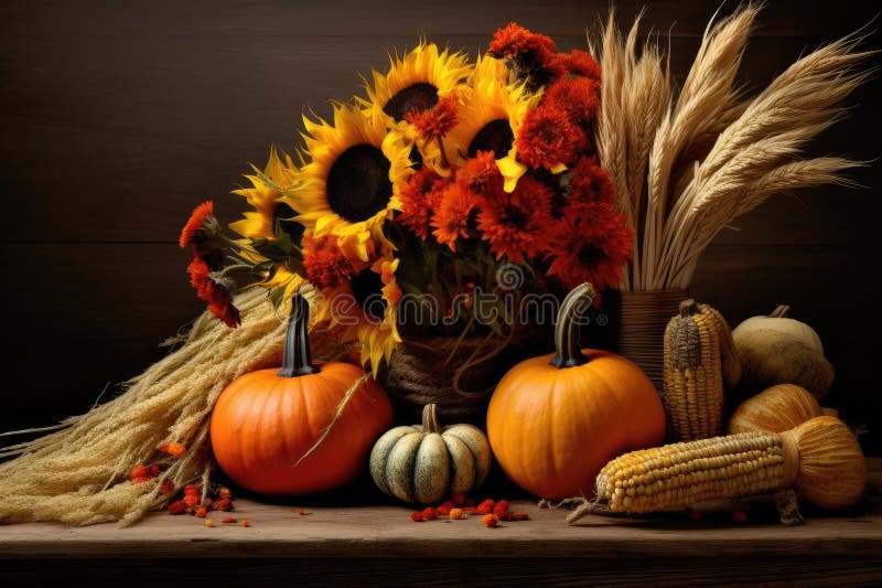 A Rustic Fall Scene with Pumpkins, Wheat and Sunflowers, AI Generated ...