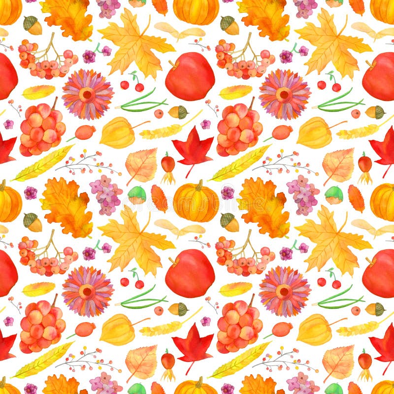 Rustic Fall Seamless Pattern, Autumn Watercolor Background Stock ...