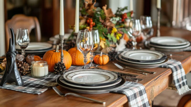 A Rustic Fall Table Setting with Pumpkins, Candles, and Checkered ...