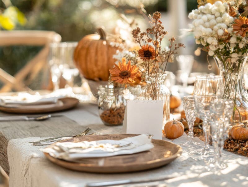 Rustic Fall Table Setting with White Card, Pumpkins and Dried Flowers ...