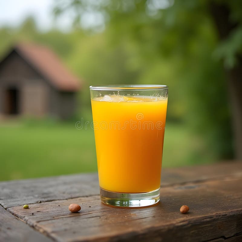 Rustic Farm Ambiance: Bright Mango in Clear Glass on Wooden Table Stock ...