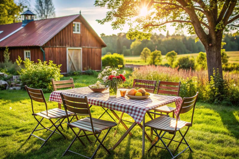 Rustic Farm Backyard with Table and Chairs for Outdoor Dining Stock ...