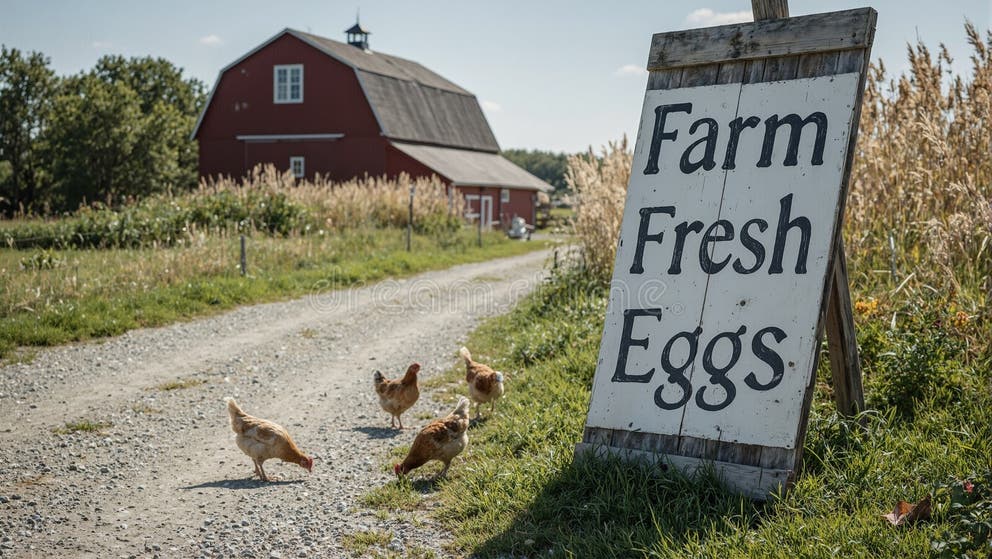 Rustic Farm Fresh Eggs Sign by Red Barn with Chickens in Rural Setting ...