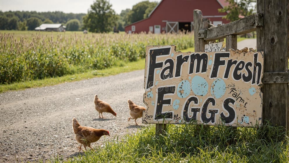Rustic Farm Fresh Eggs Sign by Red Barn with Chickens in Rural Setting ...