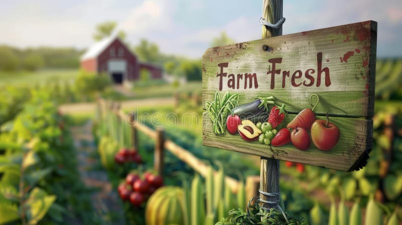 Rustic Farm Fresh Produce Sign in Countryside Stock Illustration ...